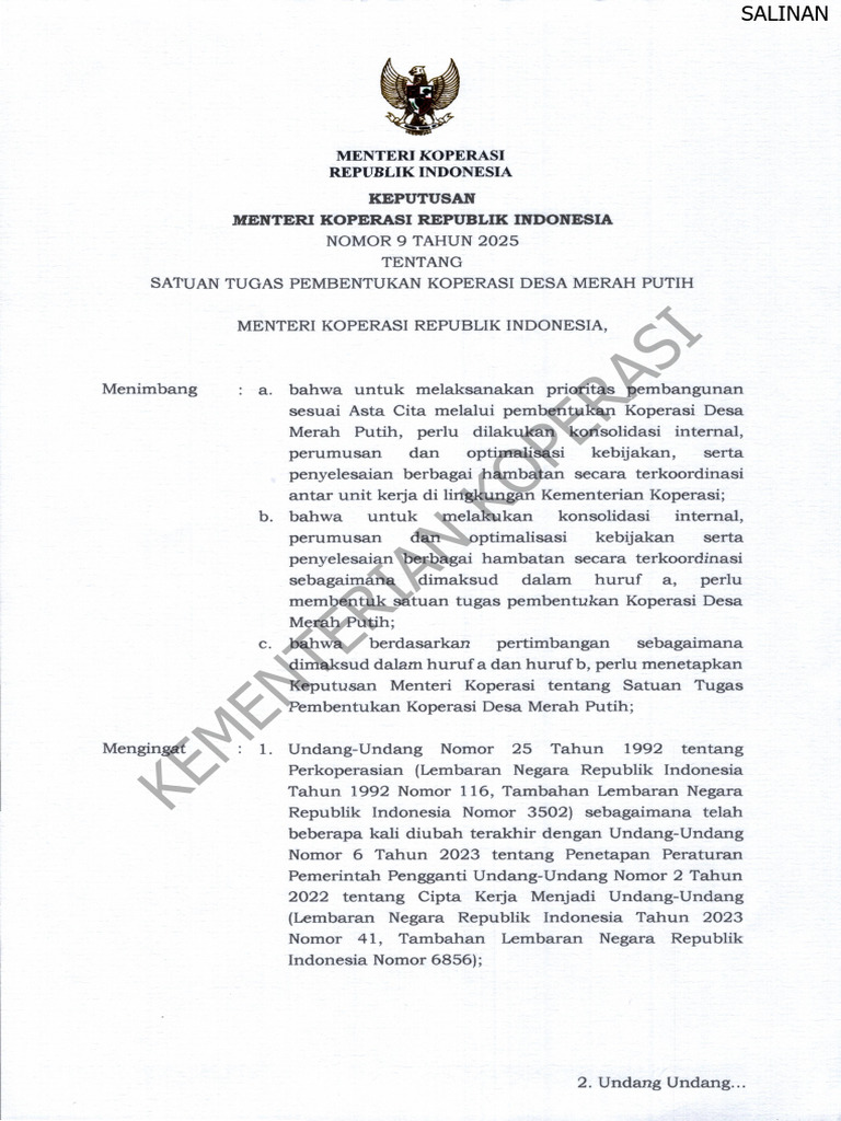 SK Satgas Kemenkop Kopdes Merah Putih | PDF