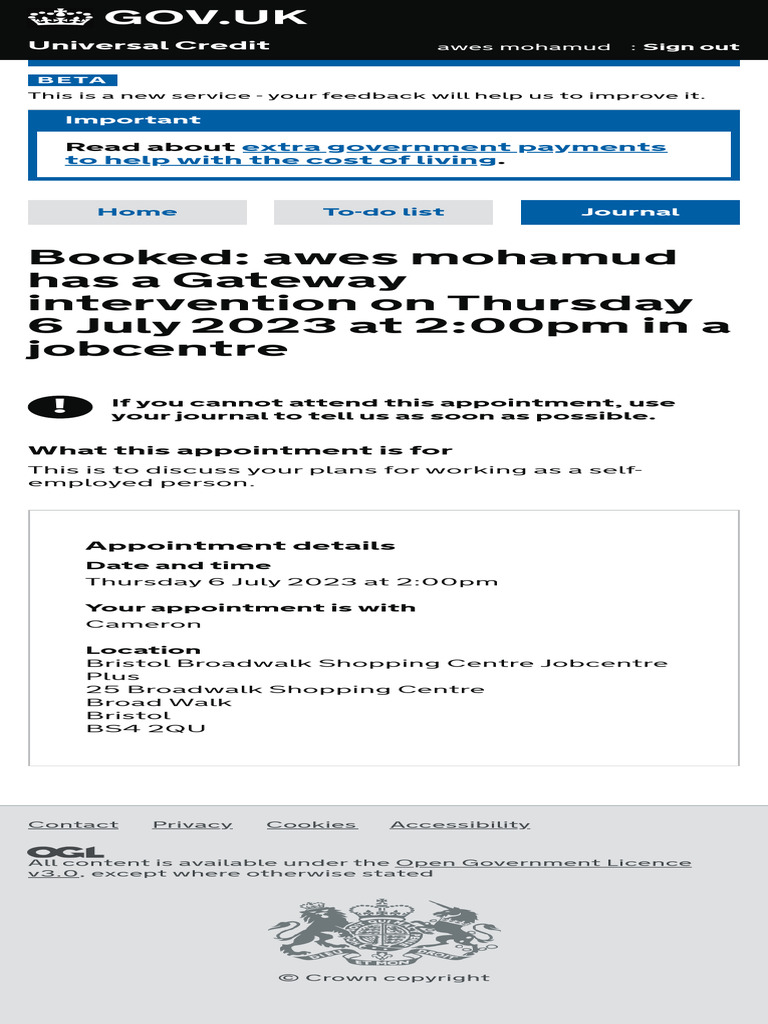 Universal Credit Appointment Details | PDF
