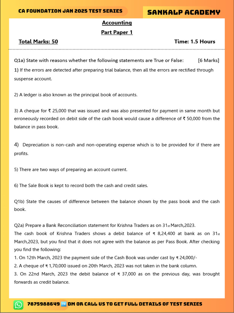 CAF - Accounts - Part Paper 1 - QP | PDF | Debits And Credits | Banks