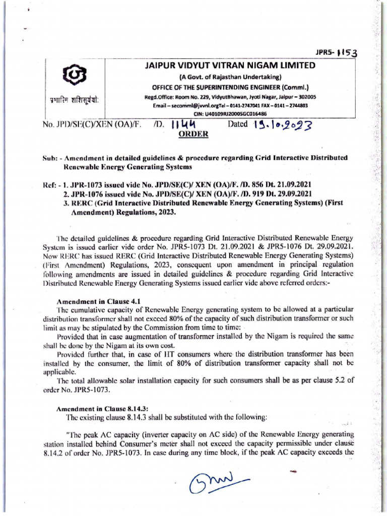 JVVNL Amendment in Guideline - Distributed Renewable Energy | PDF