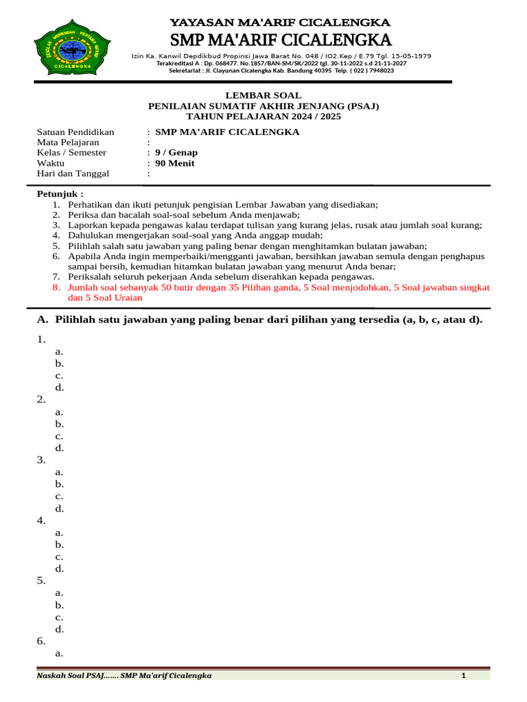 Format Naskah Soal Psaj 2025 | PDF