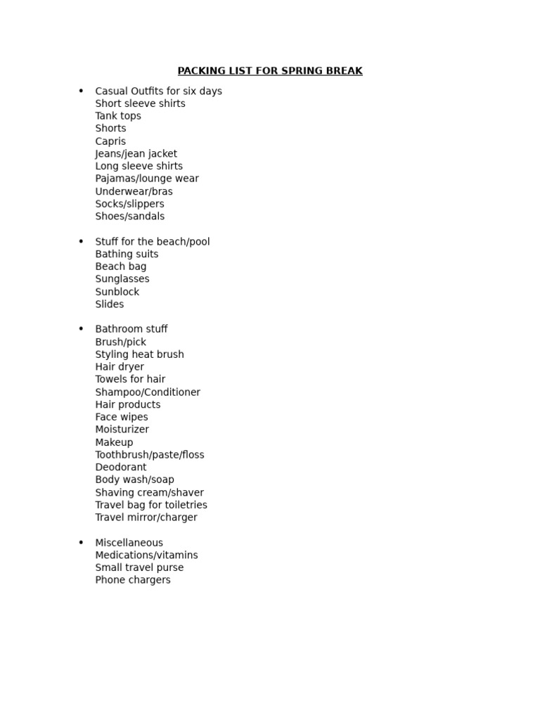 Packing List For Spring Break | PDF
