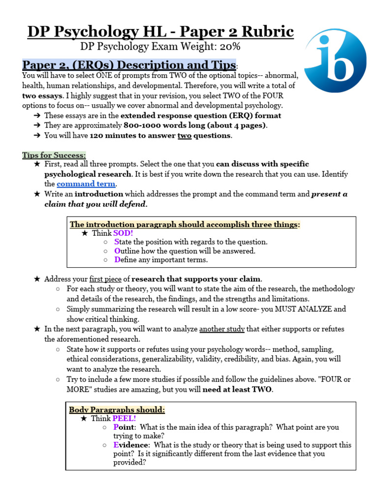 ERQ Rubric for DP Psychology Paper 2 | PDF | Critical Thinking | Thought
