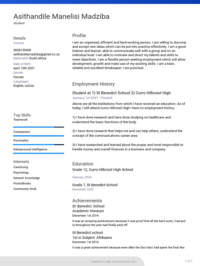 Asithandile Madziba: Student Profile | PDF | Behavior Modification | Learning