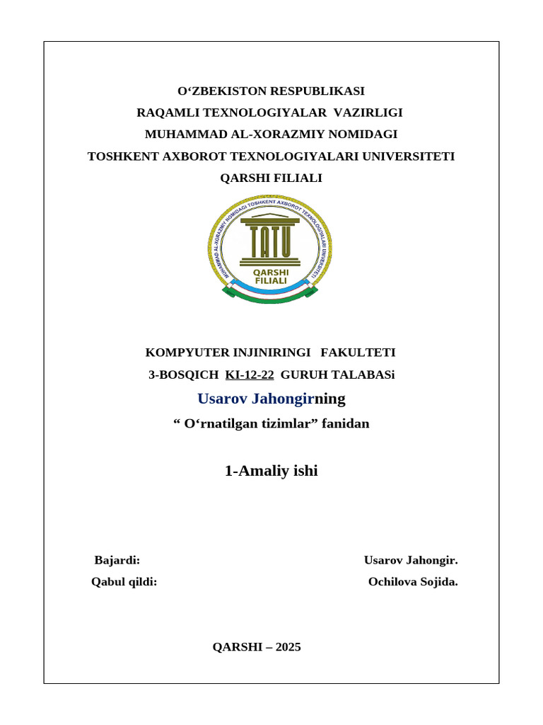 Usarov Jahongir (O'rnatilgan Tizimlar) | PDF