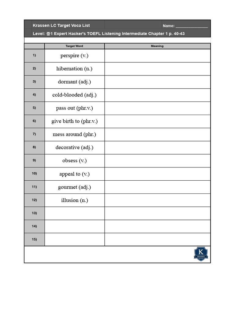 (Voca) HACKERS TOEFL Listening Intermediate 01.20 - 01.21 Chapter 1 (Pg. 40-43) | PDF