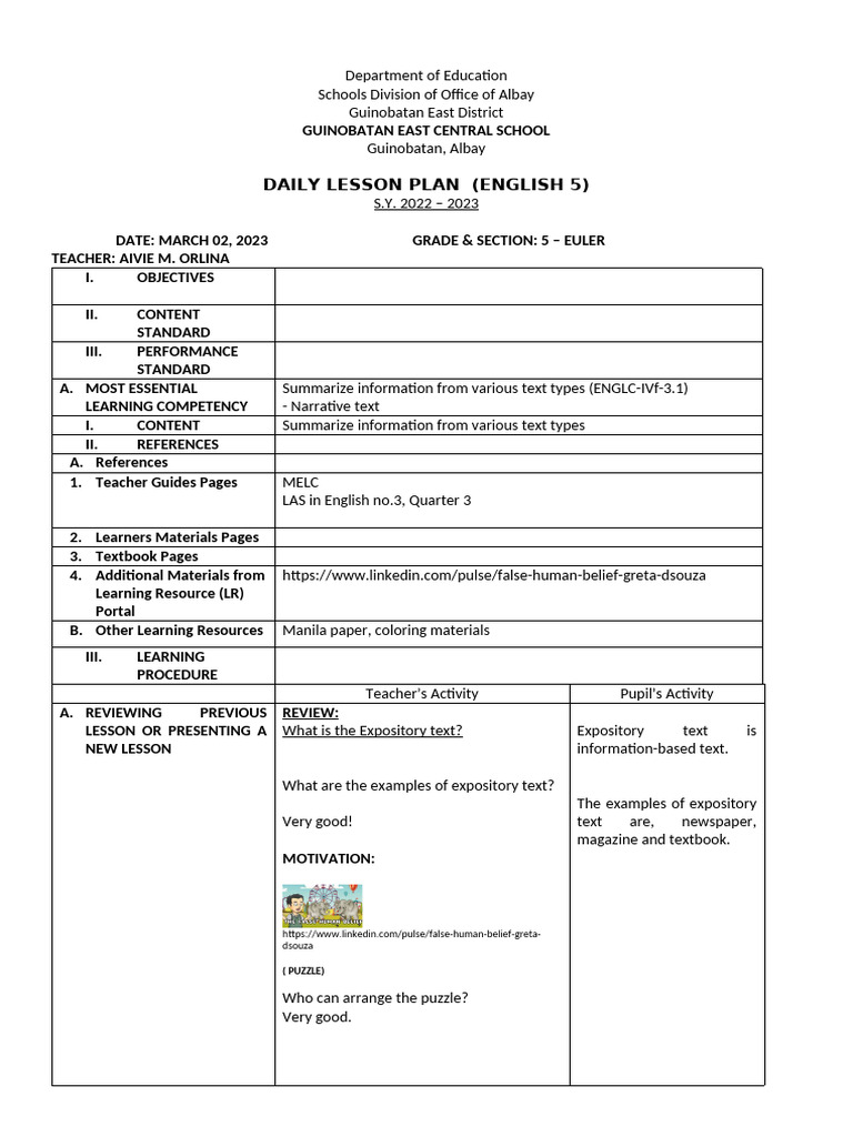 Daily Lesson Plan: English 5 Narrative Text | PDF | Narrative | Plot ...