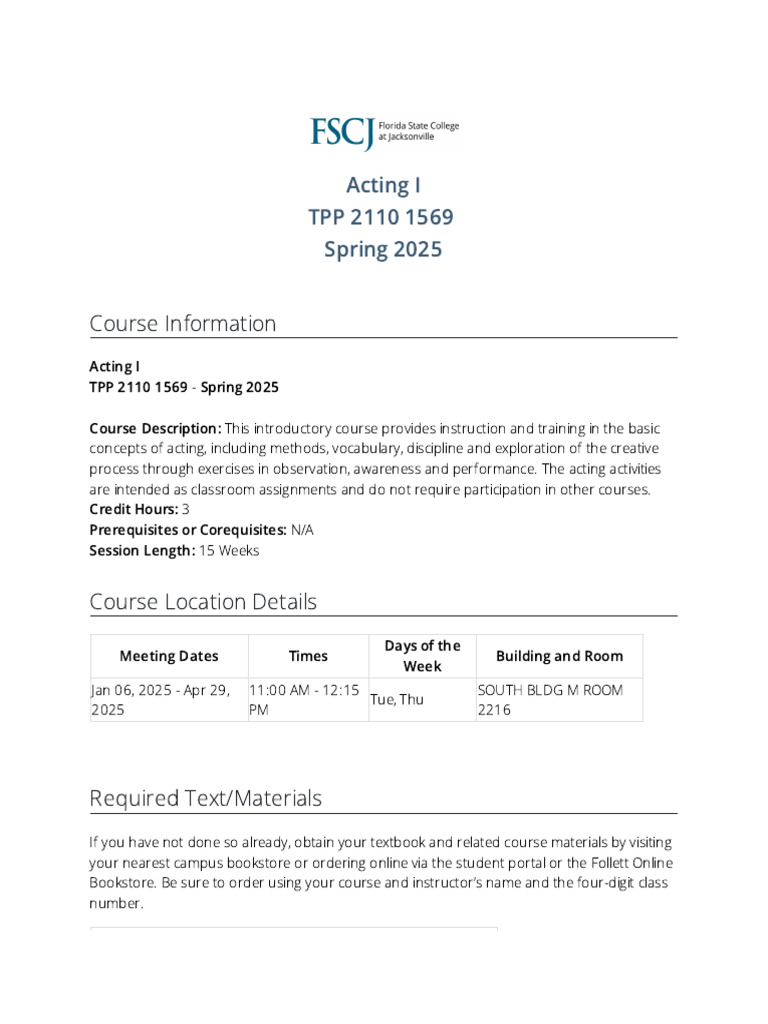 Spring 2025 TPP 2110 1569 ACTING I | PDF | Academic Dishonesty | Libraries