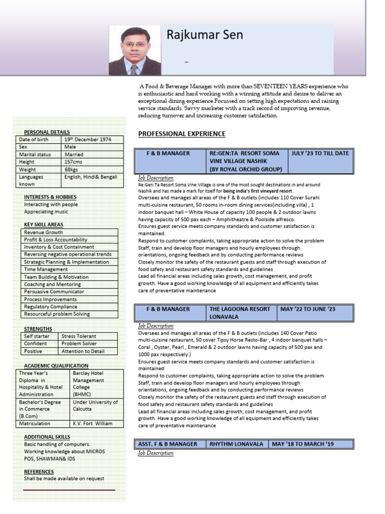 Rajkumar Sen CV Updated 2023 | PDF | Restaurants | Food Safety