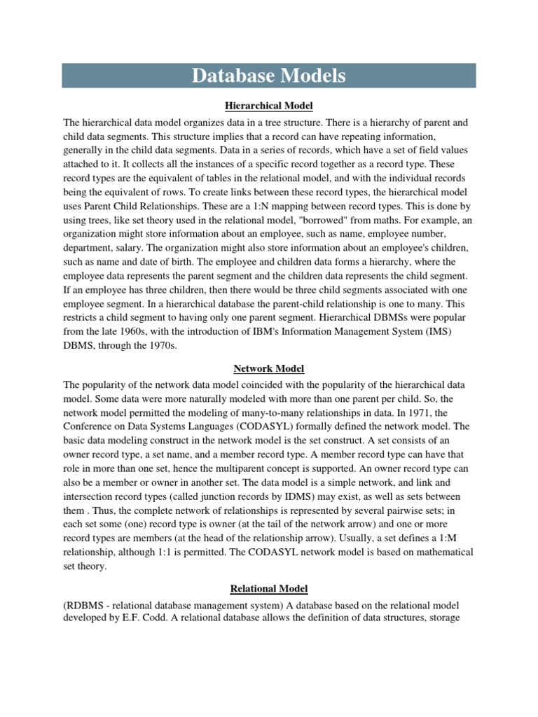 Database Models: Hierarchical Model | PDF | Relational Database | Databases