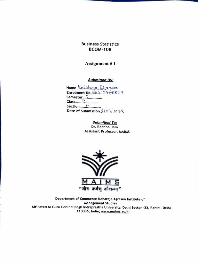 Assignment 1 Business Statistics Krishna Sharma | PDF