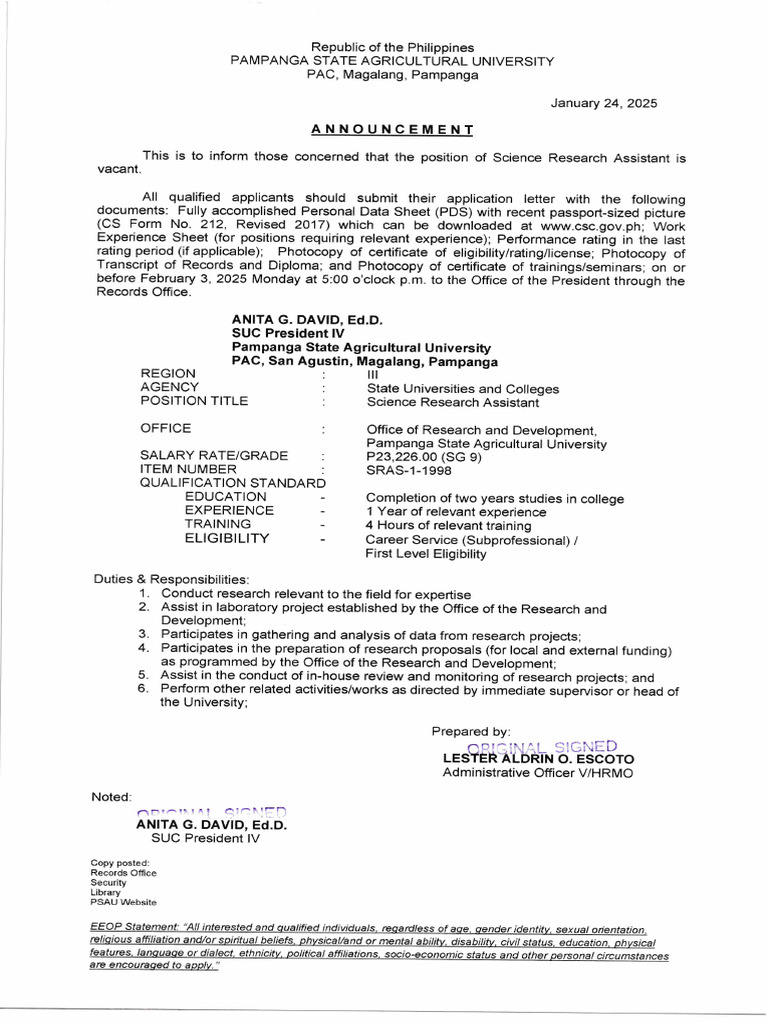 Job Opening: Science Research Assistant | PDF