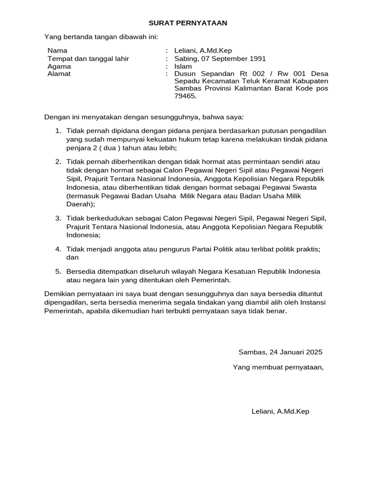 Surat Pernyataan CPNS Leliani | PDF