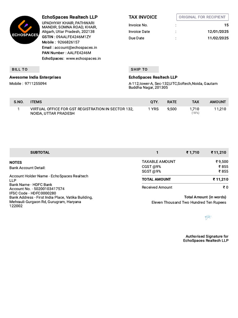 Awesome India Enterprises Sales Invoice 15 | PDF | Invoice | Taxation