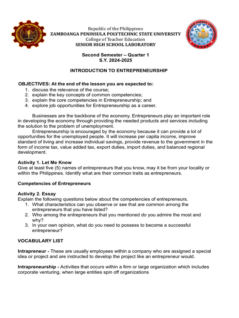 Activity About Intro To Entrep | PDF | Entrepreneurship | Innovation