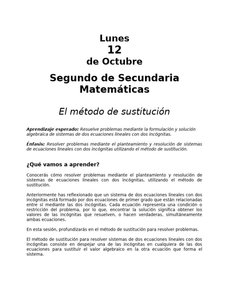 2do-Secundaria-Lunes-12-octubre-MATEMATICAS | PDF | Sistema de ecuaciones lineales | Ecuaciones