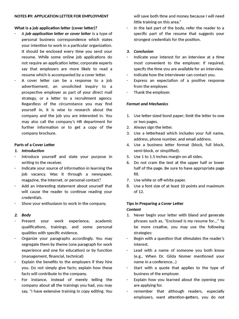 Notes No. 9 Application Letter For Employment | PDF | Résumé | Linguistics