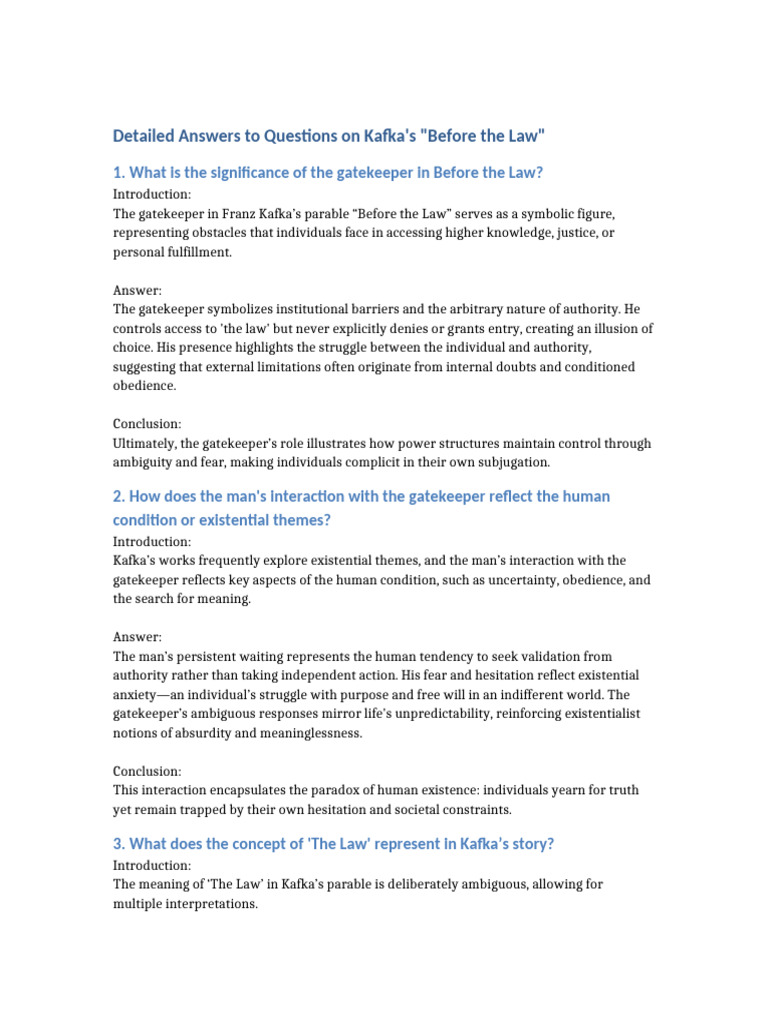 Kafka Before The Law Analysis | PDF | Existentialism | Franz Kafka