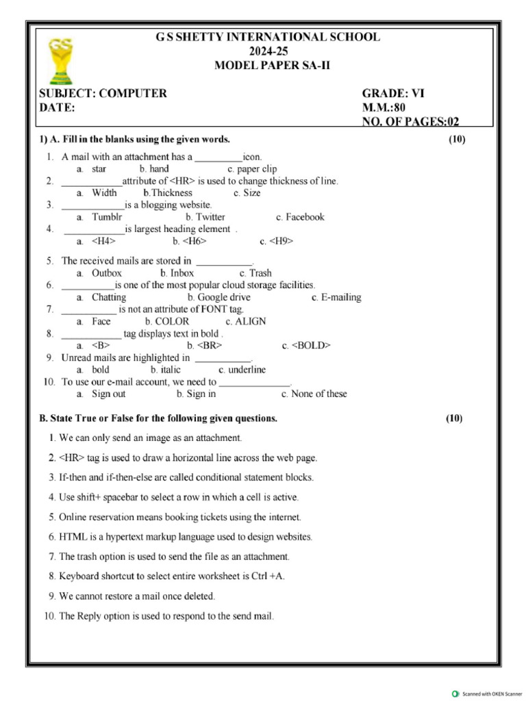 GRADE 6 COMPUTER MODEL PAPER (1) | PDF