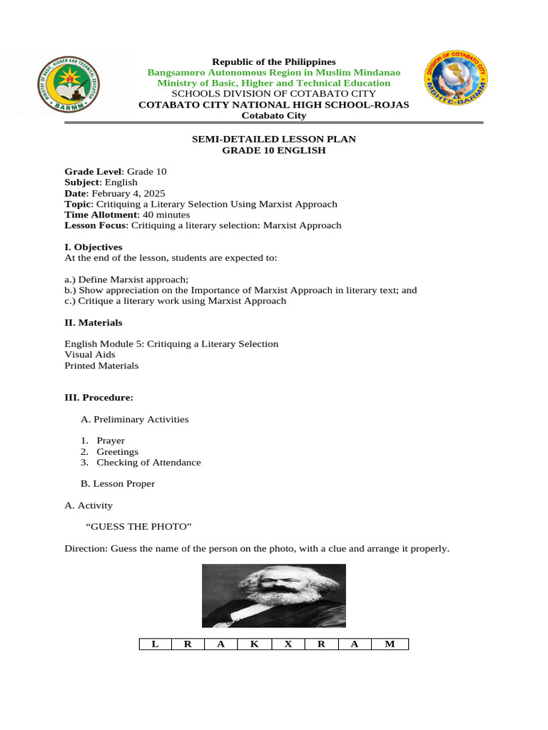 Lesson Plan Grade 10 (MARXIST APPROACH) | PDF | Marxism