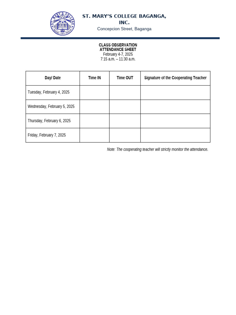 Attendance Sheet - Class Observation Journal - First Year Education ...