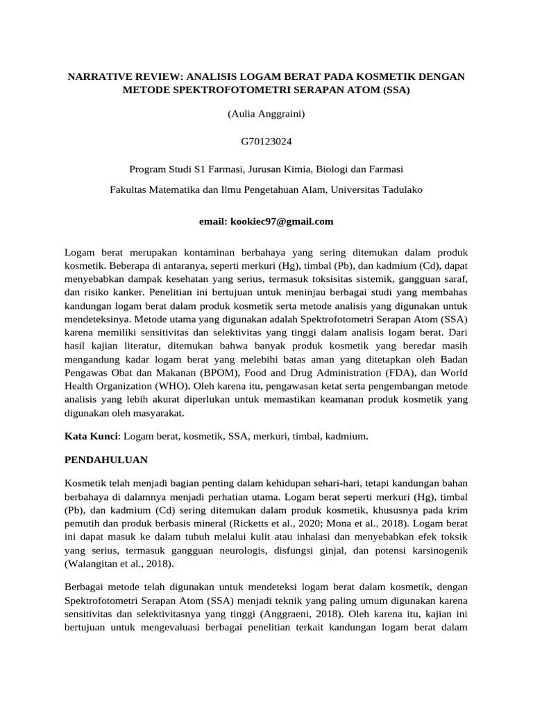 Narrative Review: Analisis Logam Berat Pada Kosmetik Dengan Metode Spektrofotometri Serapan Atom ...