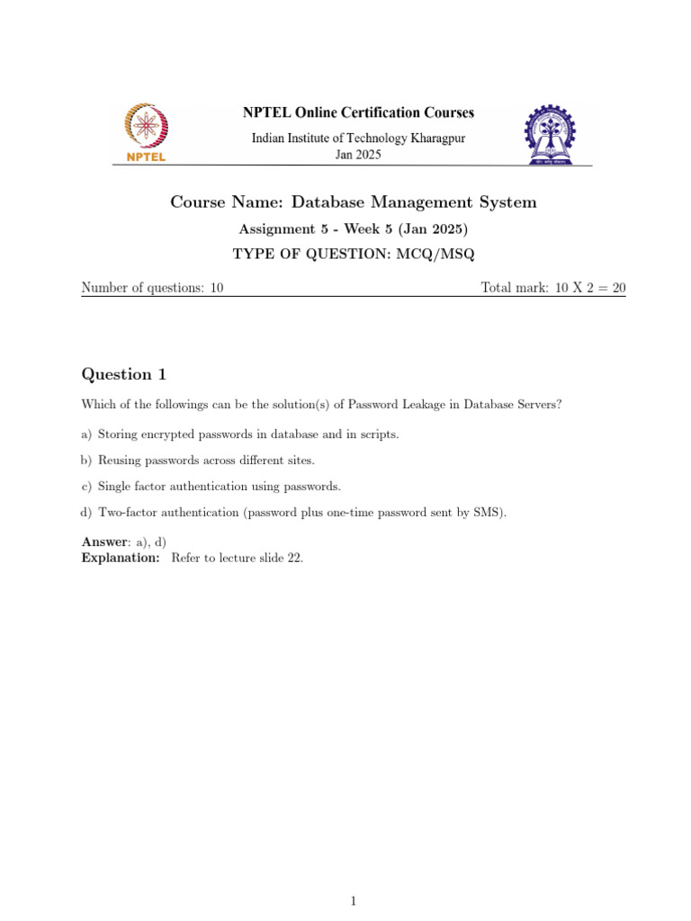 Assignment 5 NPTEL DBMS January 2025 | PDF | Computer Data | Data