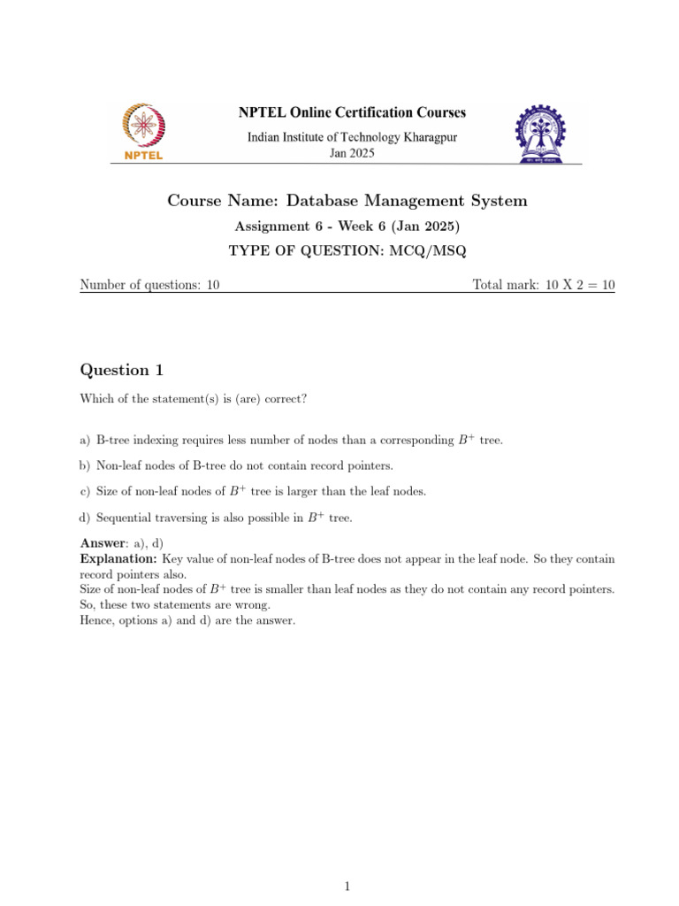 Assignment 6 NPTEL DBMS January 2025 | PDF | Database Index | Algorithms And Data Structures