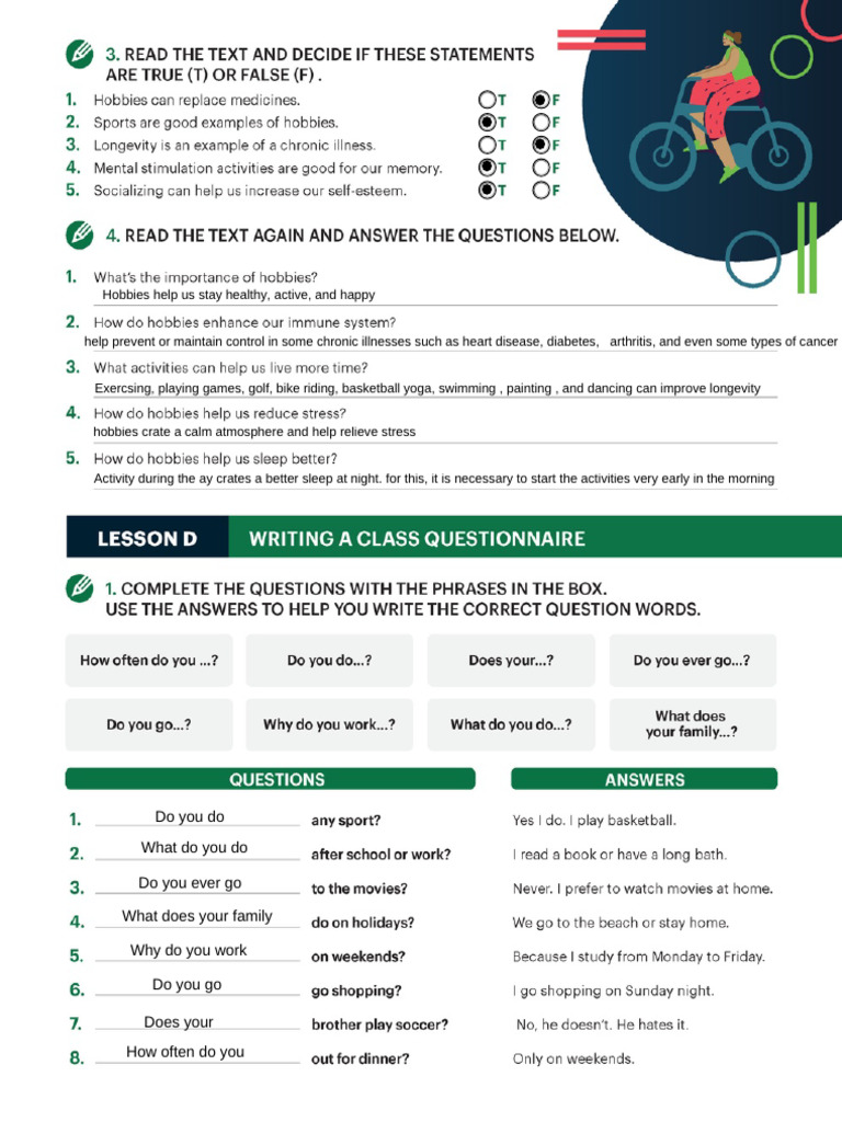 STUDENT'S BOOK UNIT 5 Lesson D Writing a class questionnaire | PDF