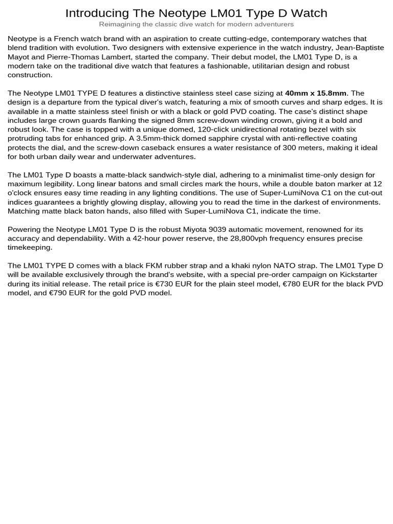 Introducing The Neotype LM01 Type D Watch | PDF