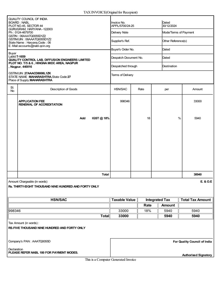 Tax Invoice for NABL Accreditation Fee | PDF | Taxation | Payments