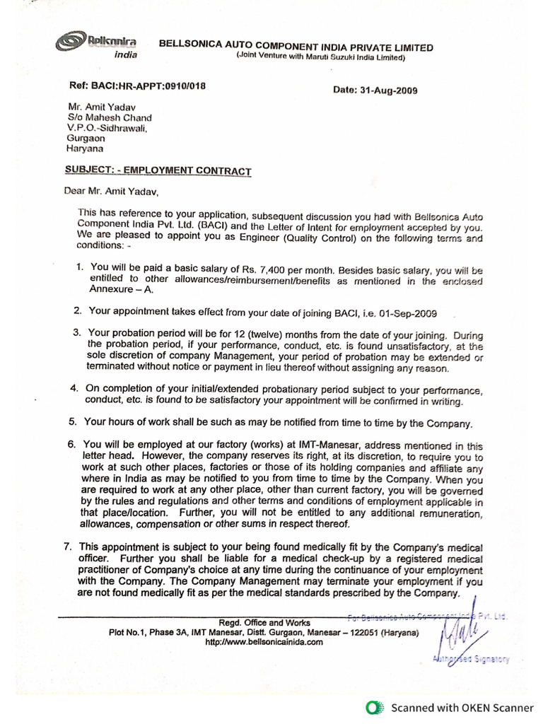 Company Appointment Letter | PDF
