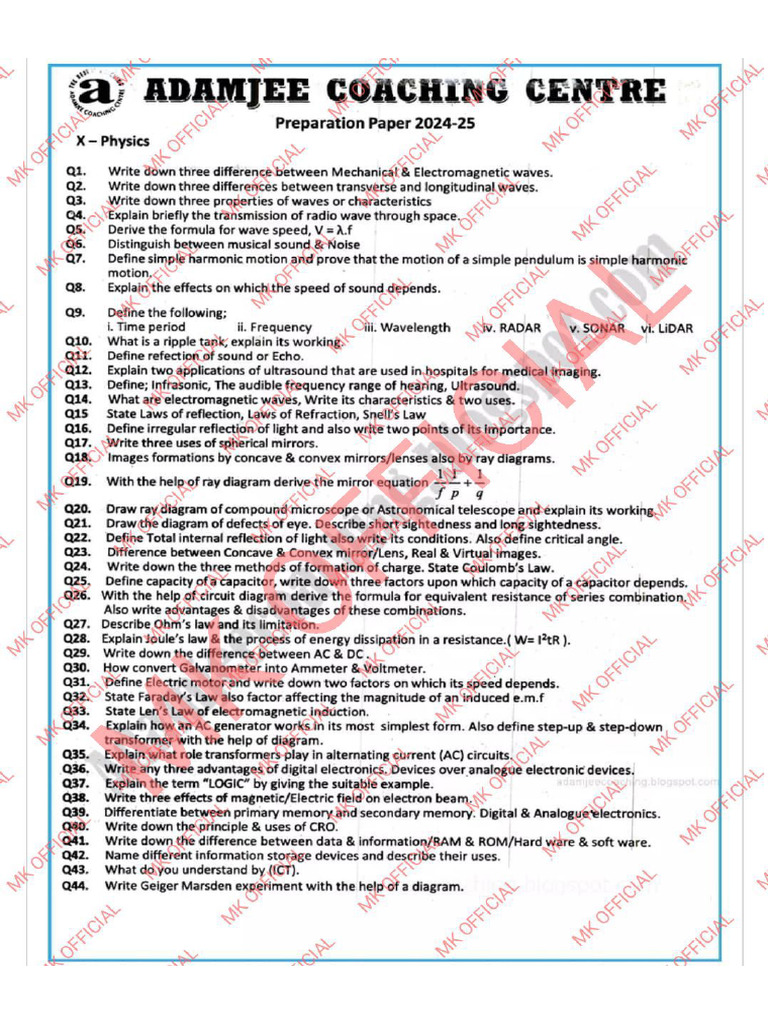 X Physics Adamjee 2025 - MK Official | PDF