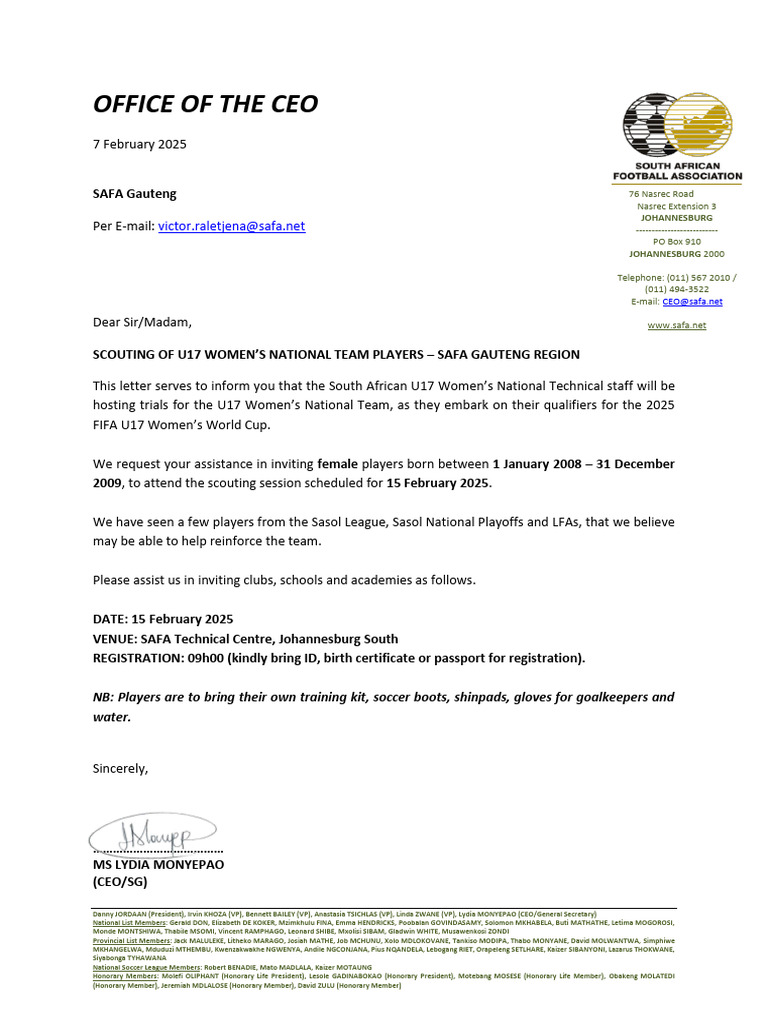 Scouting of U17 Womens National Team Players Safa Gauteng | PDF | South ...