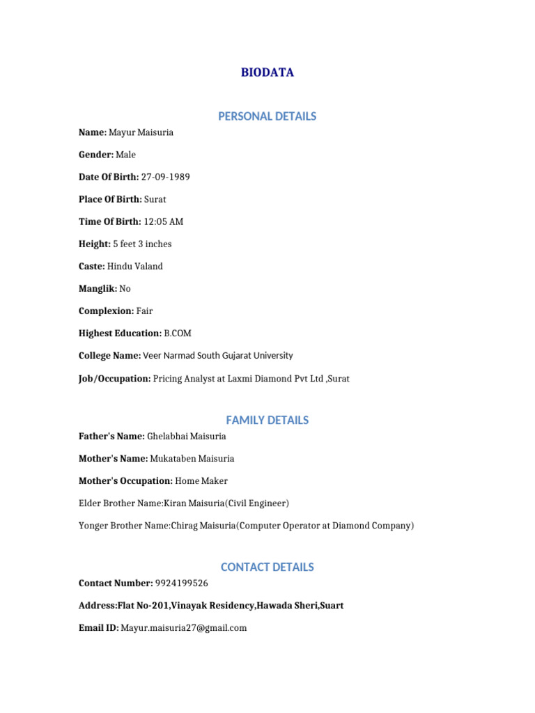 Mayur Maisuria: Personal and Family Info | PDF