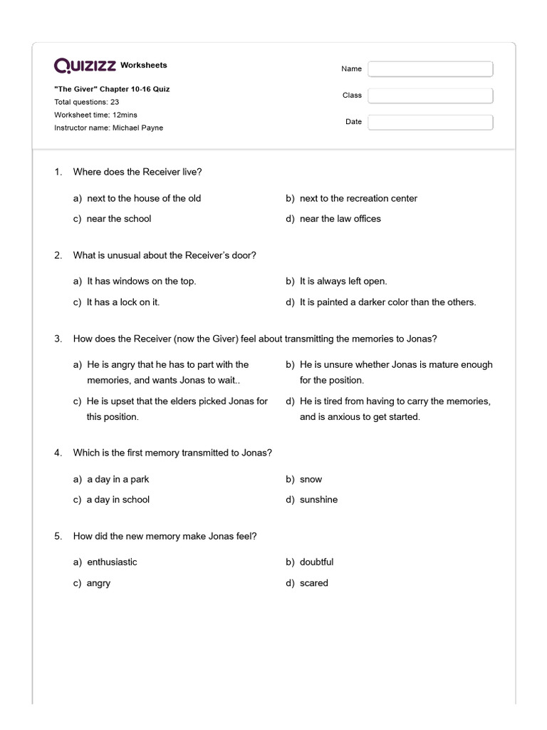 The Giver - Chapter 10-16 Quiz - Quizizz | PDF | The Giver