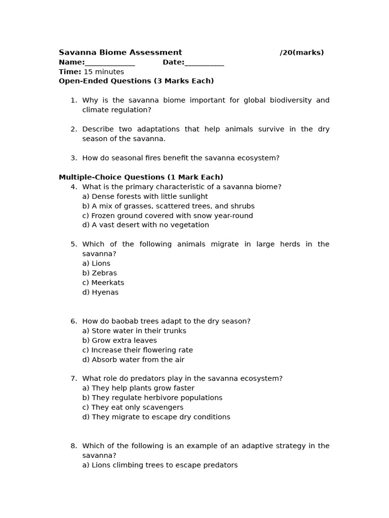Savanna Biome Assessment Questions | PDF