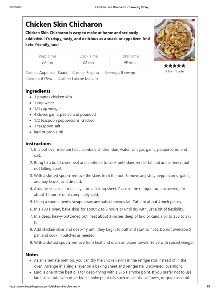 Chicken Skin Chicharon Recipe | PDF | Lard | Garlic