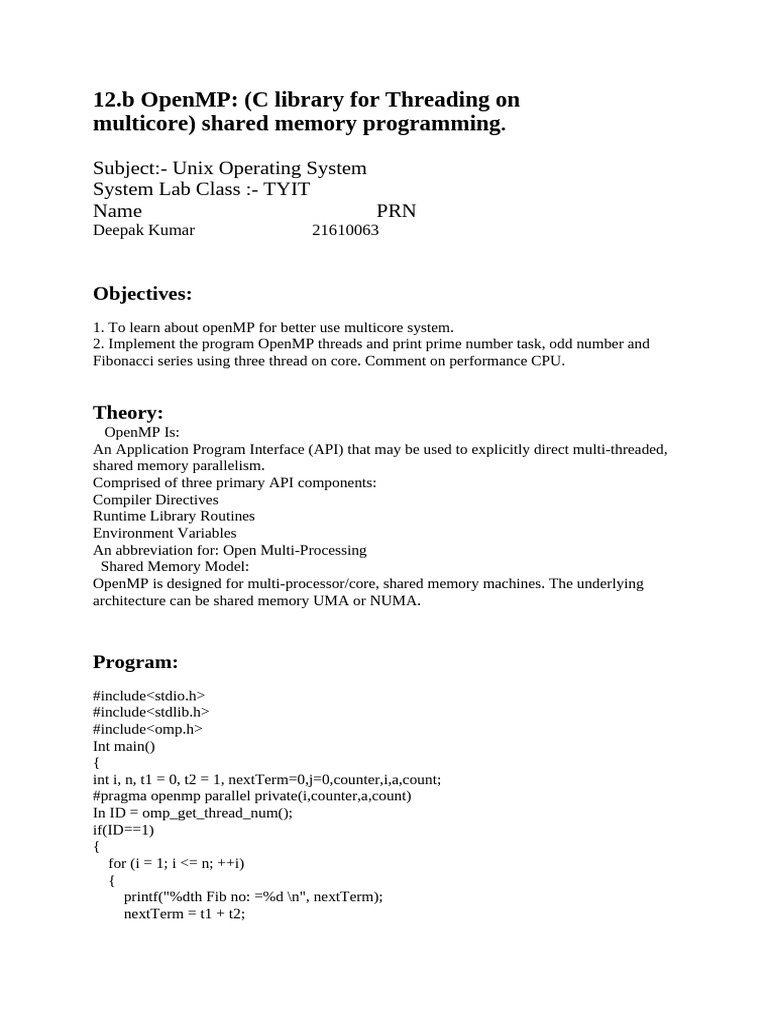 12.B Openmp: (C Library For Threading On Multicore) Shared Memory Programming | PDF