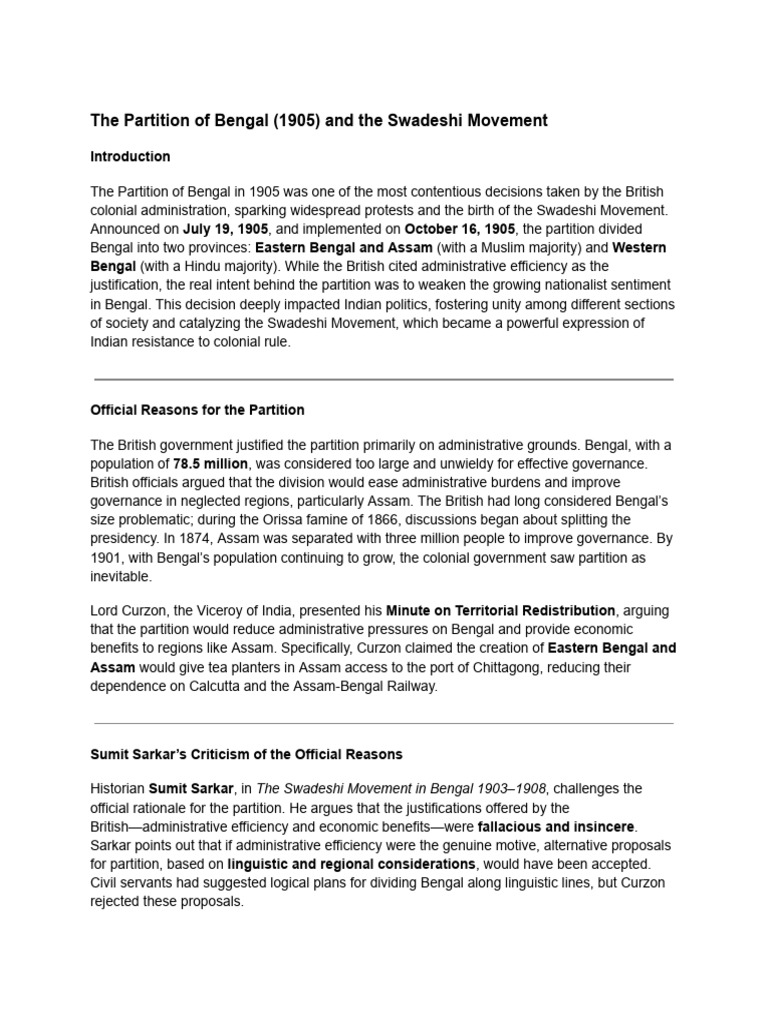 The Partition of Bengal (1905) and The Swadeshi Movement | PDF ...