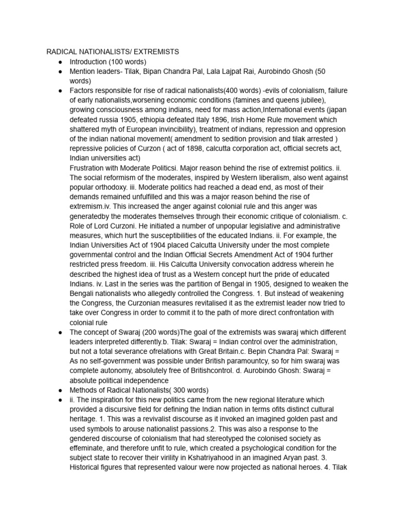 Radical Nationalists - Extremists | PDF | British Raj | Nationalism
