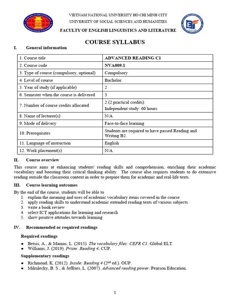 Advanced Reading C1 Course Syllabus | PDF | Lecture | Education Theory