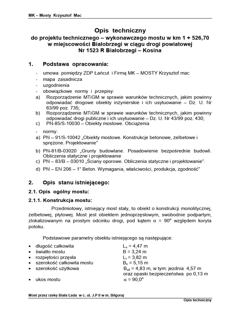 Most2 Opis Techniczny Bialobrzegi 1 - 526 - 70 | PDF