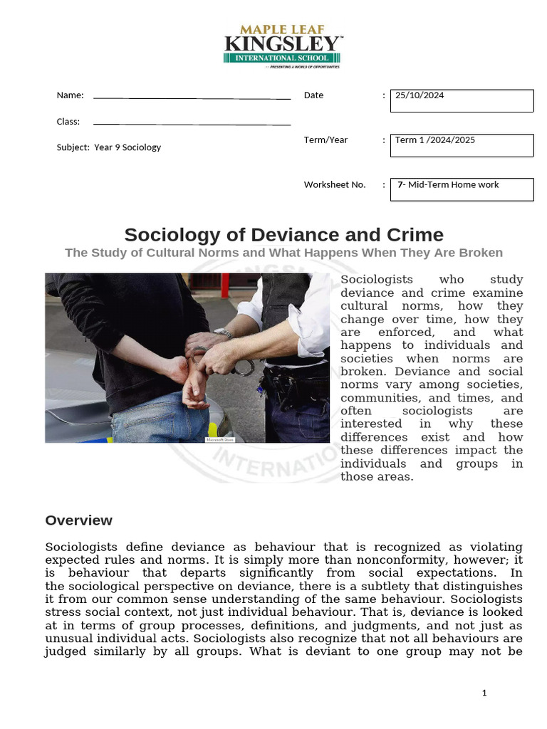 Worksheet 7 Crime and Deviance | PDF | Deviance (Sociology) | Sociology