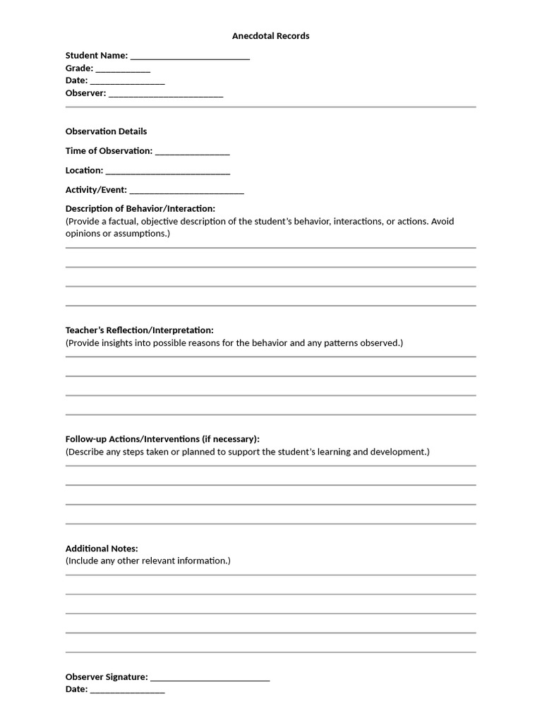 Anecdotal Record Template for Teachers | PDF