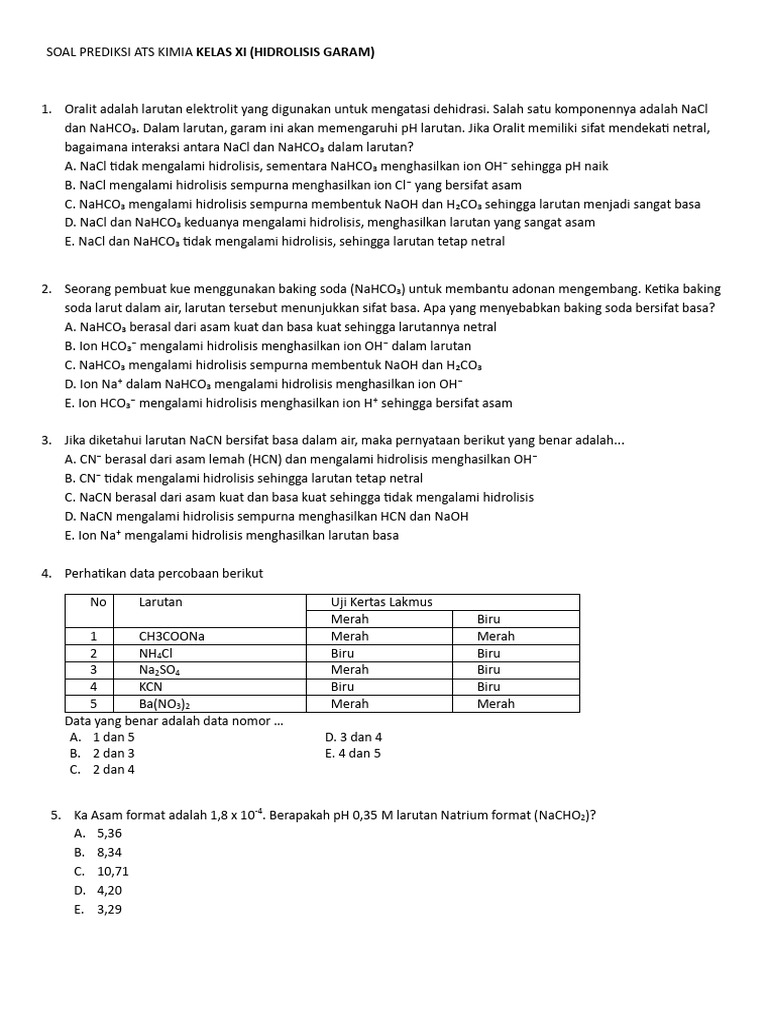 Latihan Soal Ats Kimia Kelas Xi | PDF