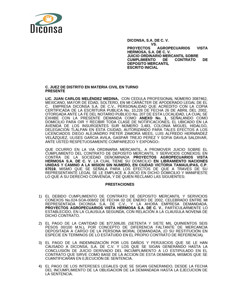 Demanda Merc Proyectos A V H Juez Distrito | PDF | Daños y perjuicios | Justicia