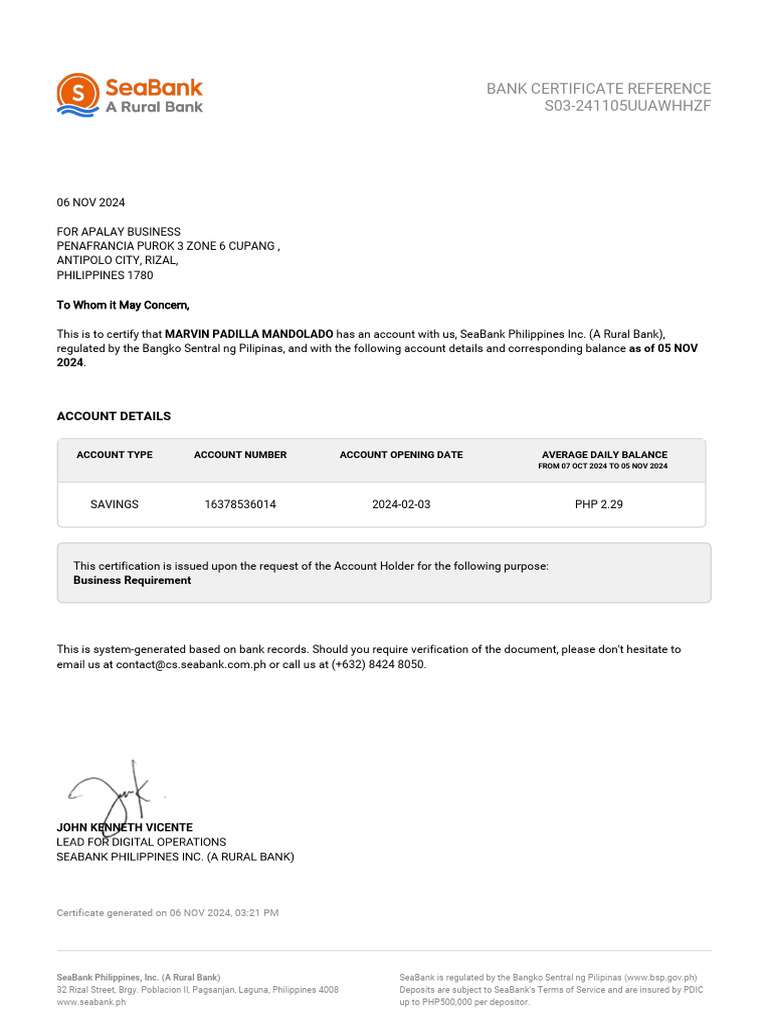 Bank_Certificate_SeaBankPH_06%20Nov%202024 | PDF