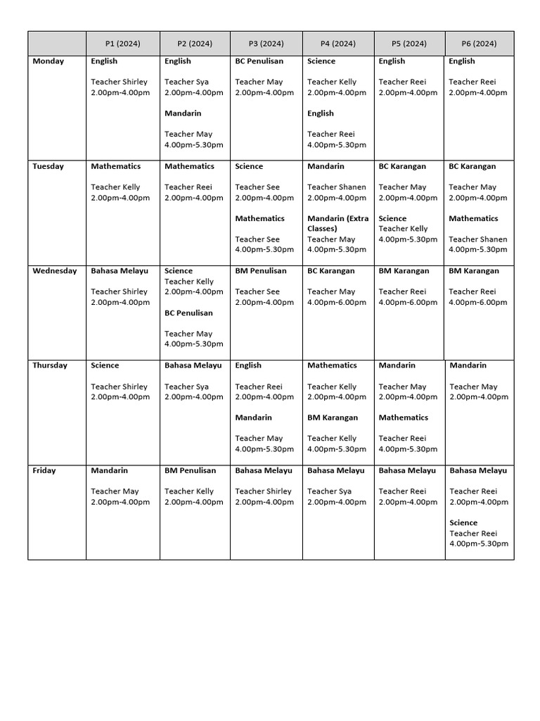 Primary School Timetable 2024 | PDF
