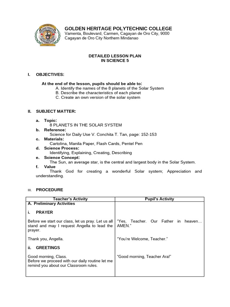 Lesson Plan Science 5 Final | PDF | Planets | Solar System